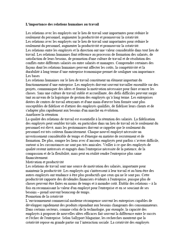 Importance des relations humaines au travail | PDF | Business | Motivation