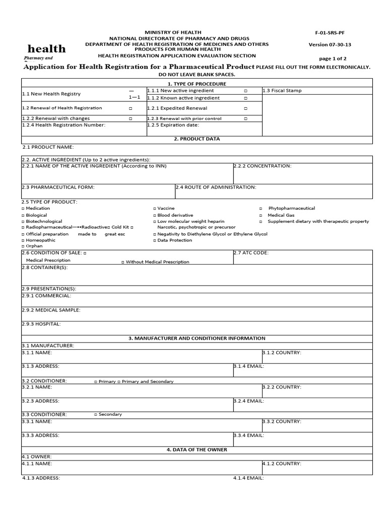 F-01-Srs-pf Health Registration Request Form - Pharmaceutical Products ...