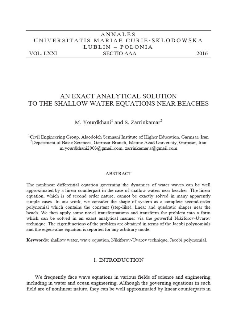 2016 - Youdkhaini - Exact Analytical Solution Shallow Water | PDF | Equations | Differential ...