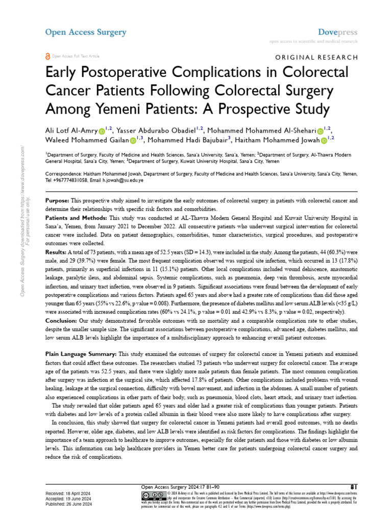OAS 465936 Early Postoperative Complications in Colorectal Cancer Patie ...