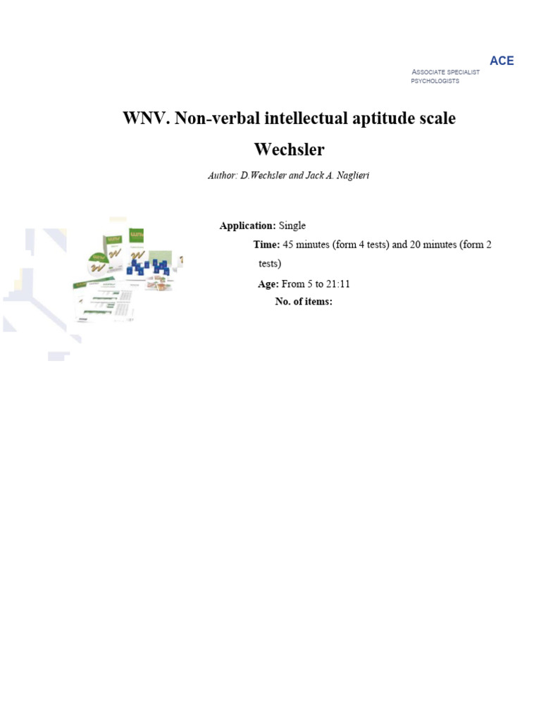 WNV Wechsler PEARSON Non-Verbal Intellectual Aptitude Scale | PDF ...