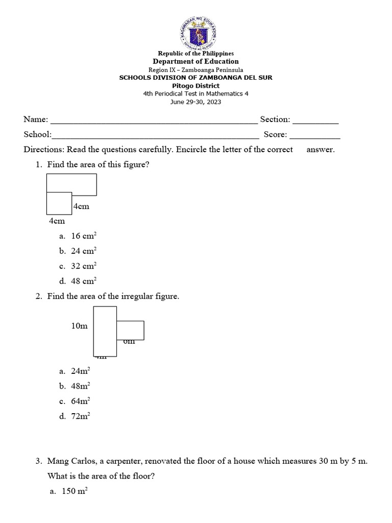 Math 4 4th Quarter Unified Test | PDF | Area | Length