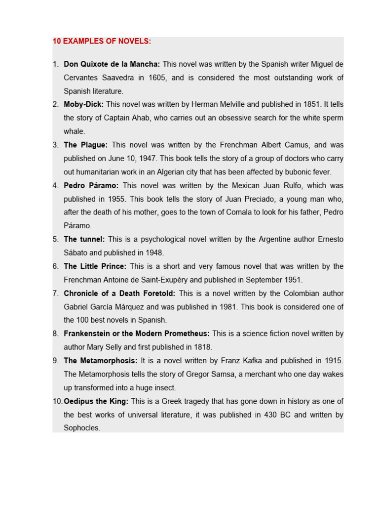 10 Examples of Novels | PDF | The Metamorphosis | Novels