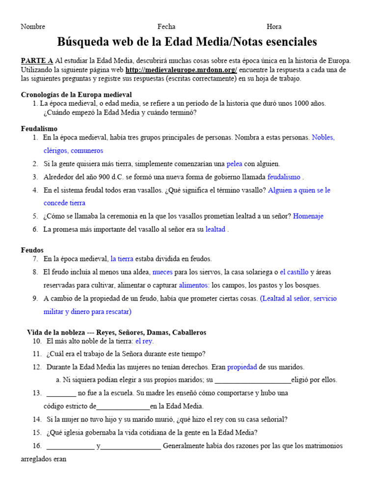 Actividades y preguntas sobre la Edad Media | PDF | Feudalismo | Edades ...