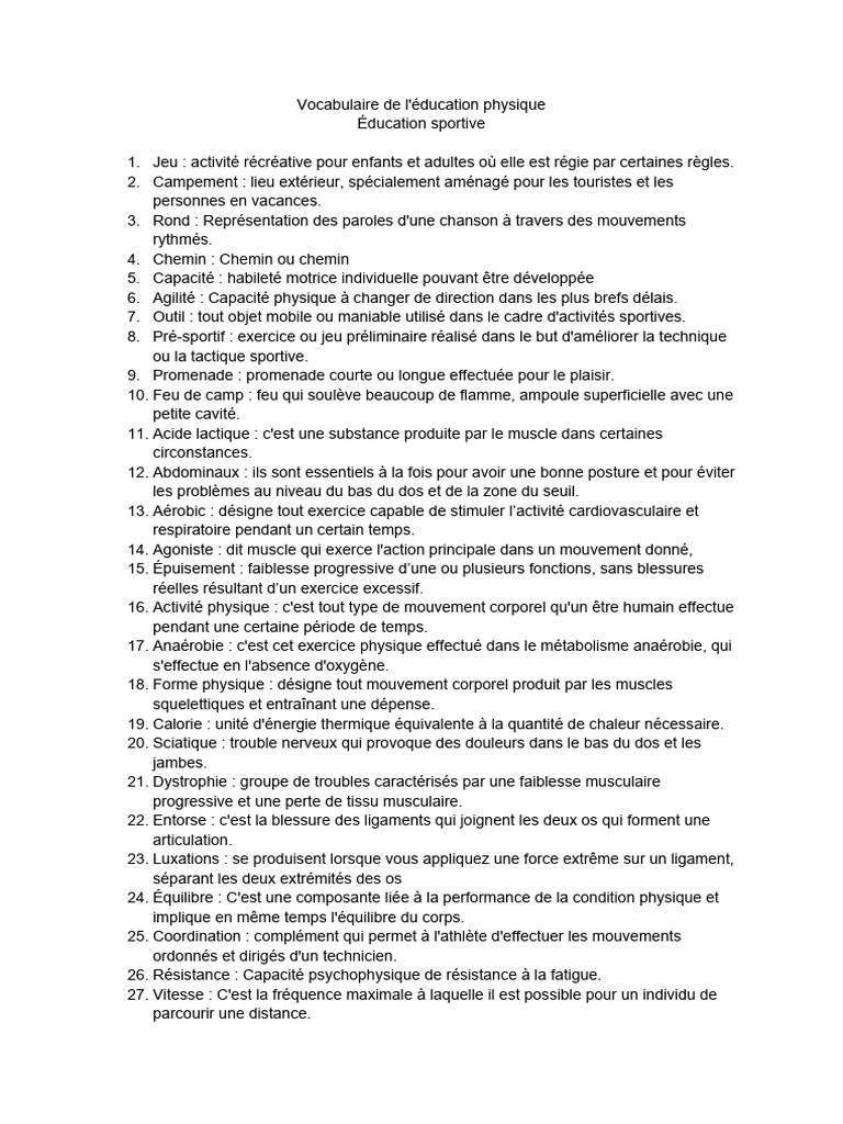 Vocabulaire essentiel en éducation physique | PDF | Muscle