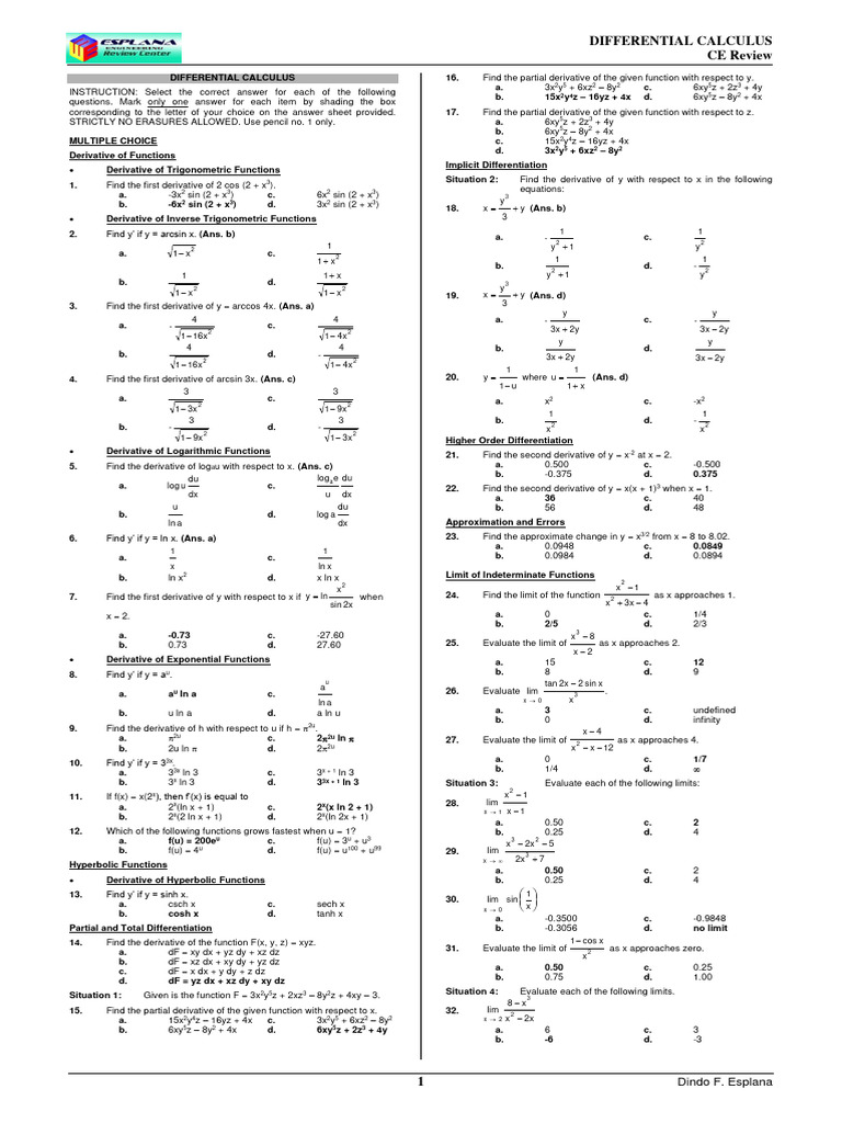 Differential Calculus Review Notes | Download Free PDF | Ellipse | Tangent