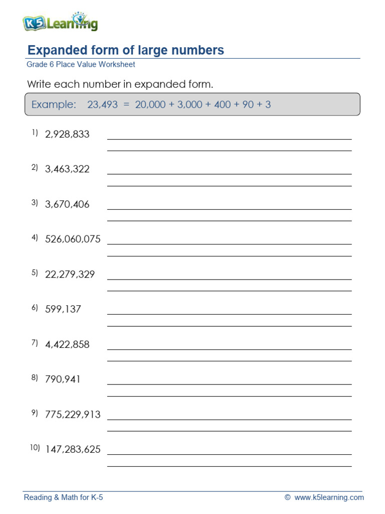 Grade 6 Place Value Expanded Form 9 Digits C | PDF