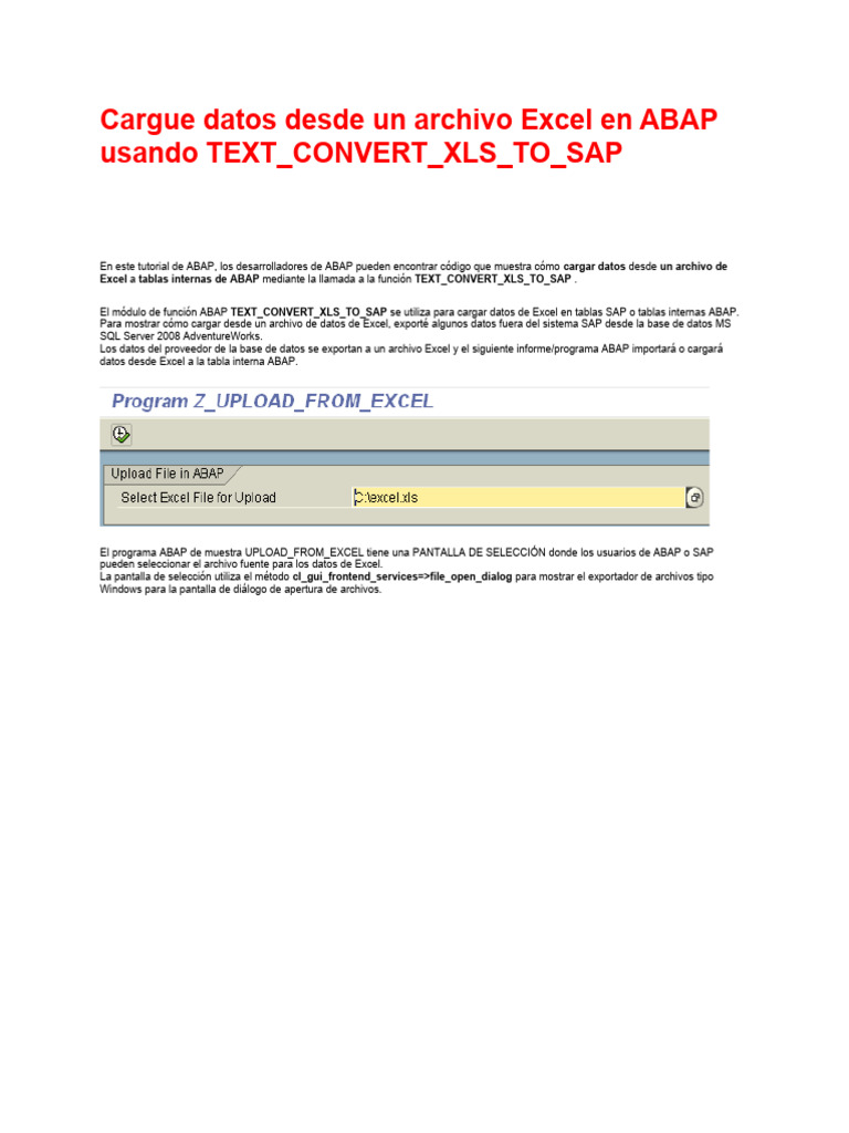 Cargue Datos Desde Un Archivo Excel en ABAP Usando TEXTO - CONVERTIR - XLS - A - SAP | PDF ...
