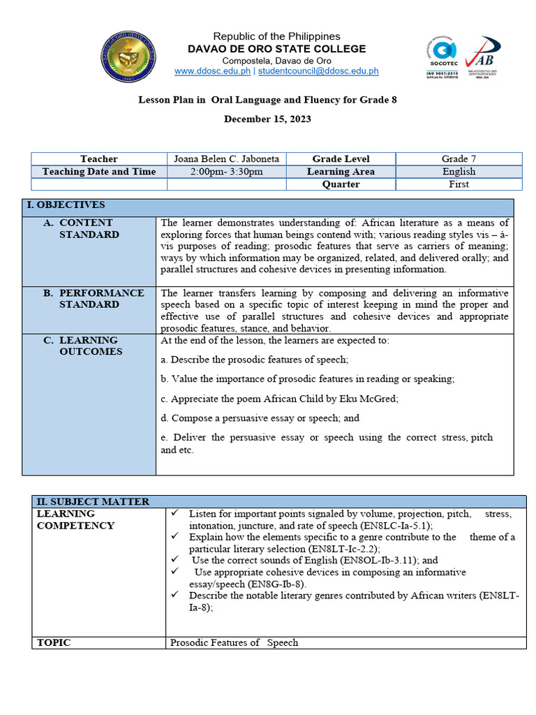 Lesson Plan in Speaking | PDF | Stress (Linguistics) | Linguistics