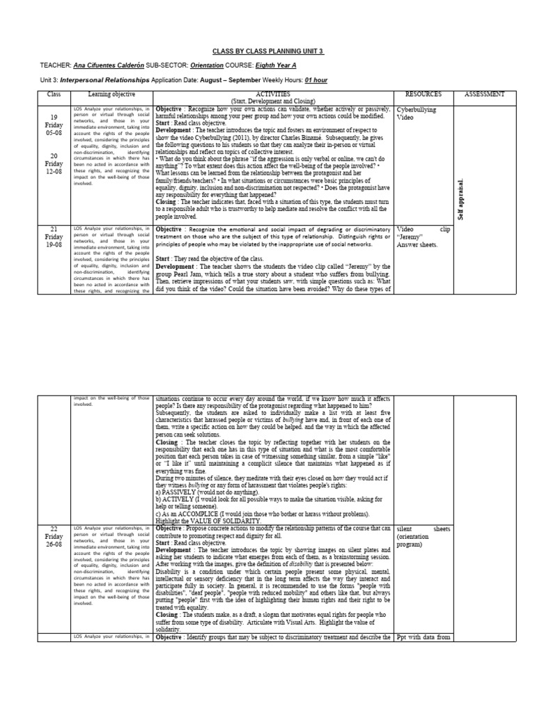 Planning Class A Class Unit 3 Interpersonal Relationships | PDF ...