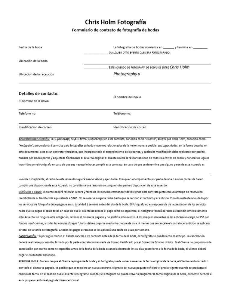 Contrato de Fotografía de Boda | PDF | Fotógrafo | Cheque