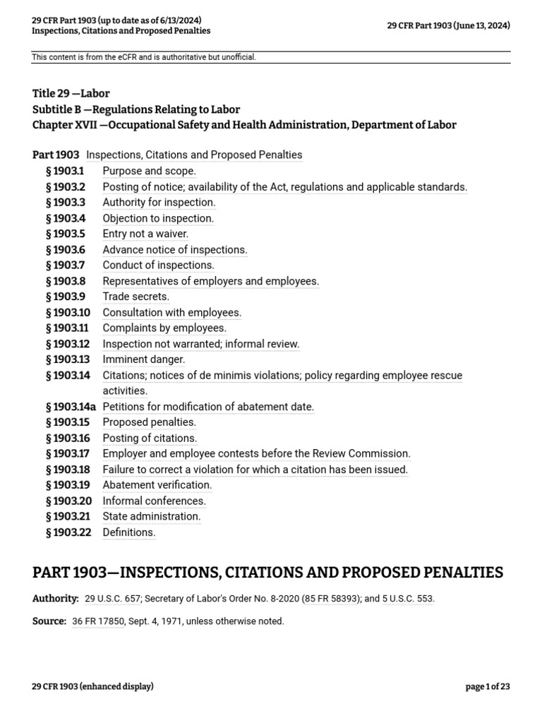 29 CFR Part 1903 (Up To Date As of 6-13-2024) | PDF | Employment ...