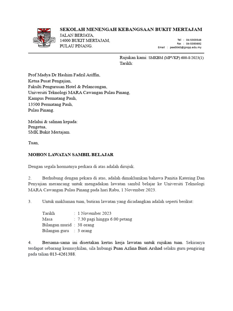 Surat Mohon Lawatan Ke Uitm 2023 | PDF