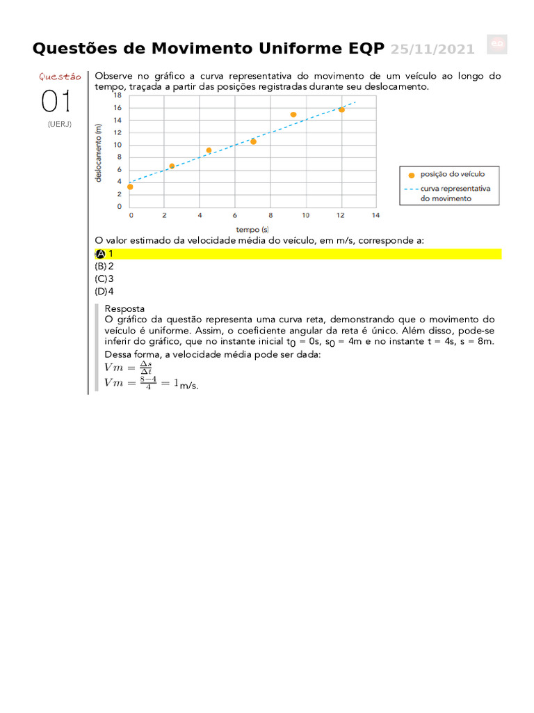 Questões de Movimento Uniforme EQP GABARITO | PDF | Velocidade | Cinemática