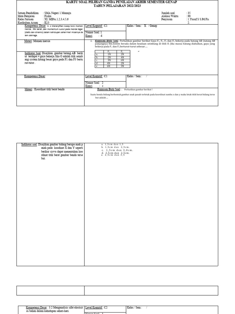Kartu Soal Fis. Uas - Sem.1 2023 | PDF