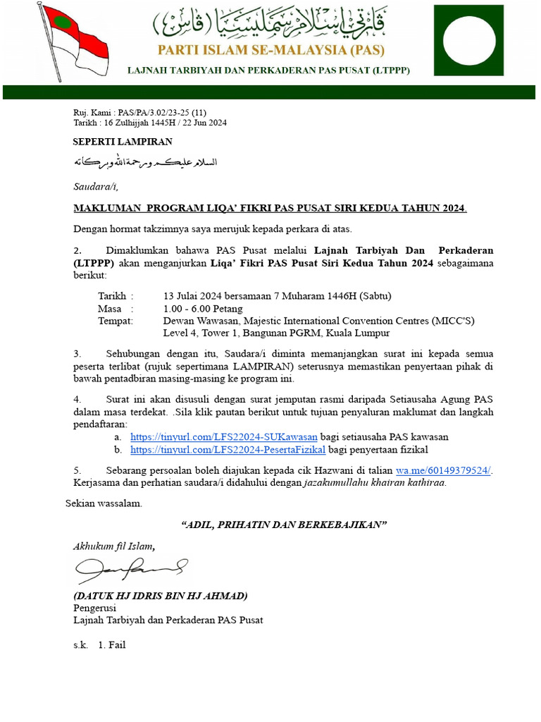 3.02 - 11 Surat Makluman Program Liqa' Fikri Pas Pusat Siri 2 Tahun ...