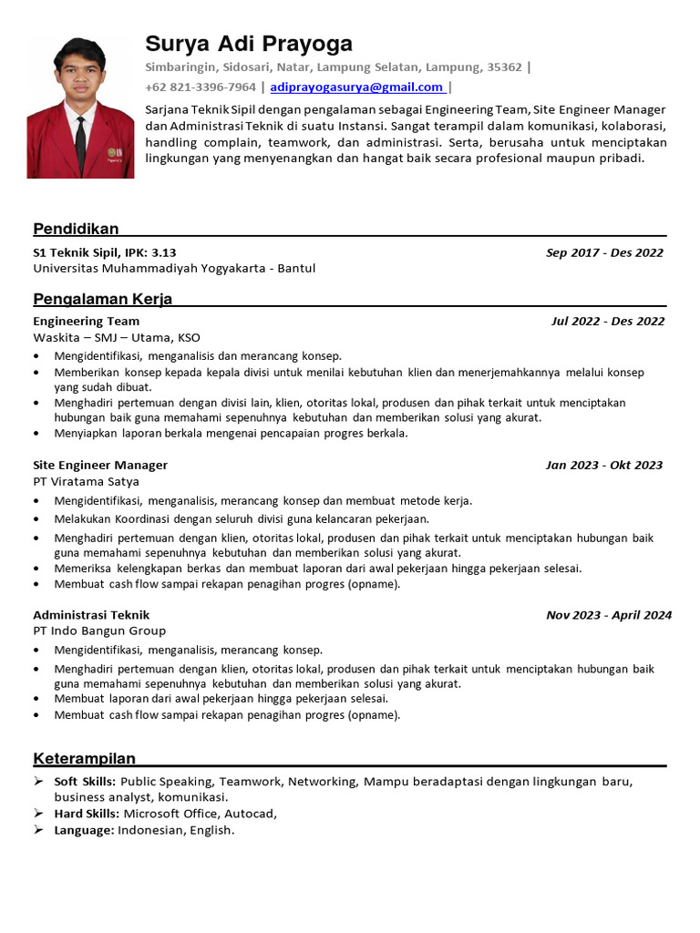 Surya Adi Prayoga Staff Konstruksi Resume | PDF