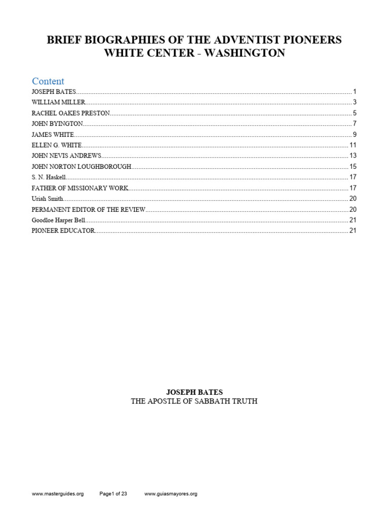 Adventist Pioneers: Brief Biographies | PDF | Seventh Day Adventist ...