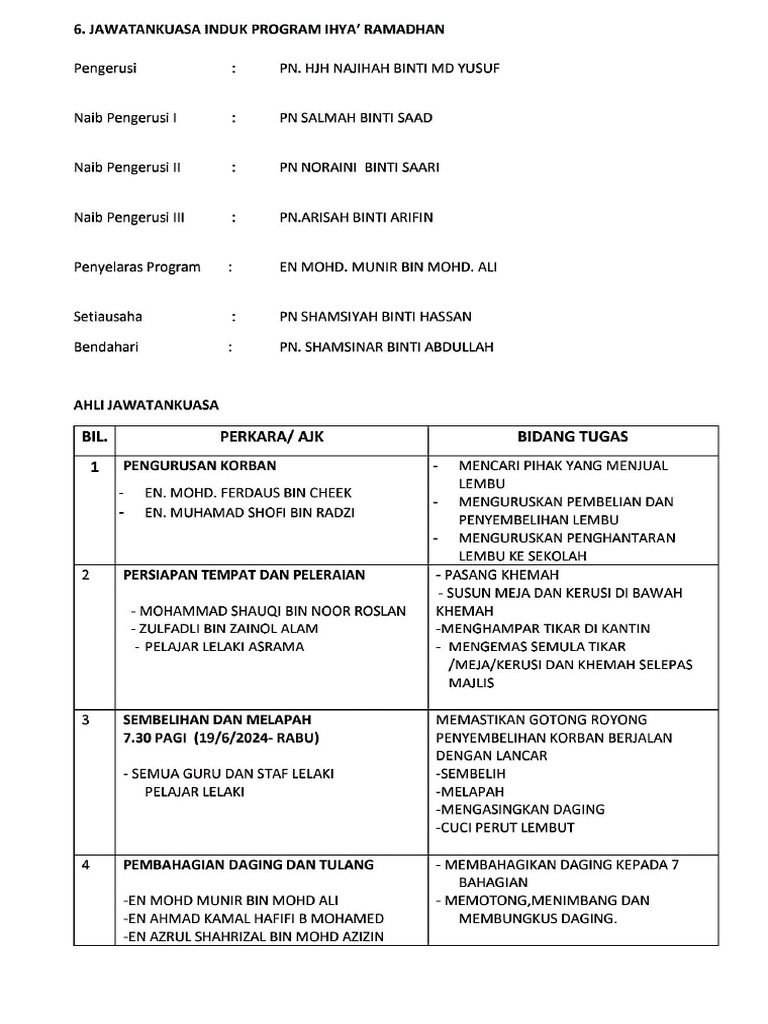 Ajk Dan Tentatif Hari Raya Aidil Adha | PDF Ajk Dan Tentatif Hari Raya Aidil Adha | PDF