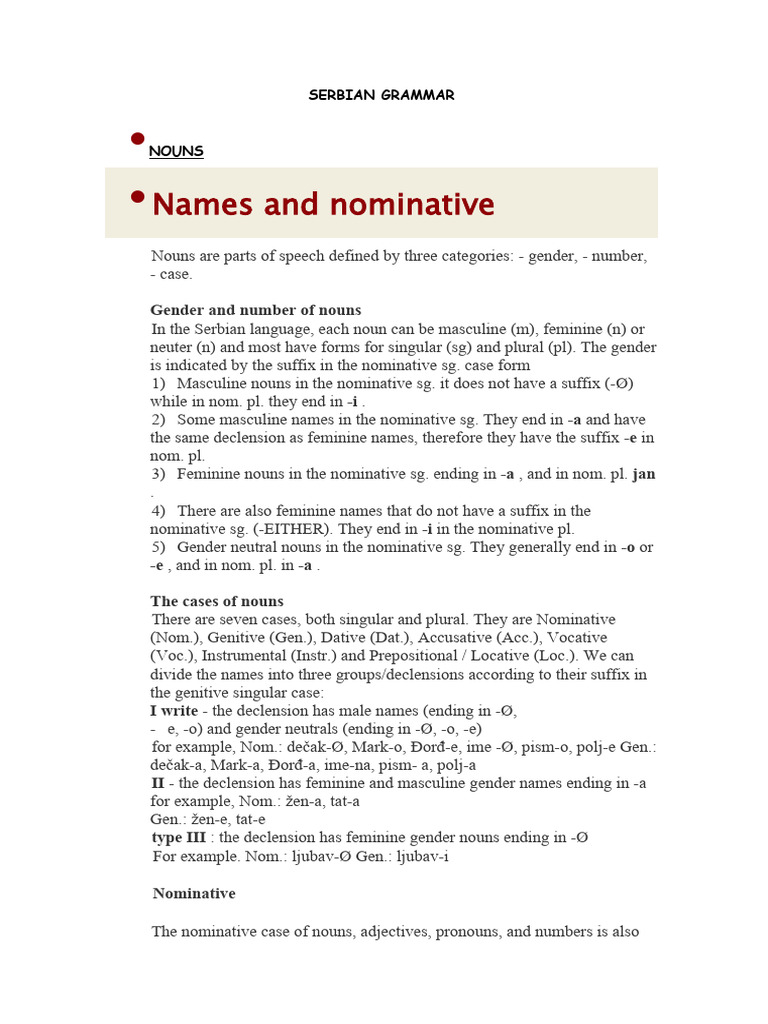Serbian Language Grammar | Download Free PDF | Grammatical Gender ...