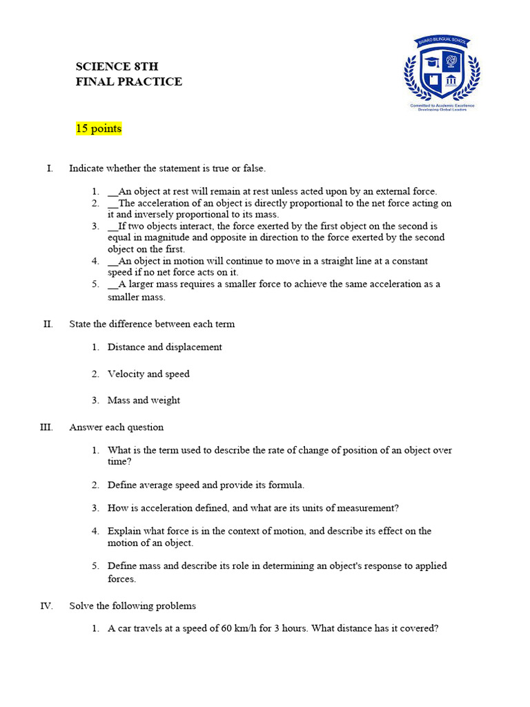 8th Grade Science Final Practice Test | PDF | Force | Weight