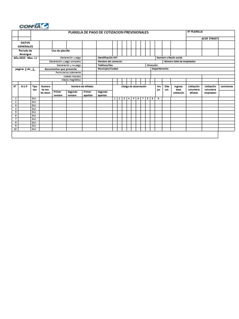 Planilla de Pago de Cotizacion Previsionales | PDF