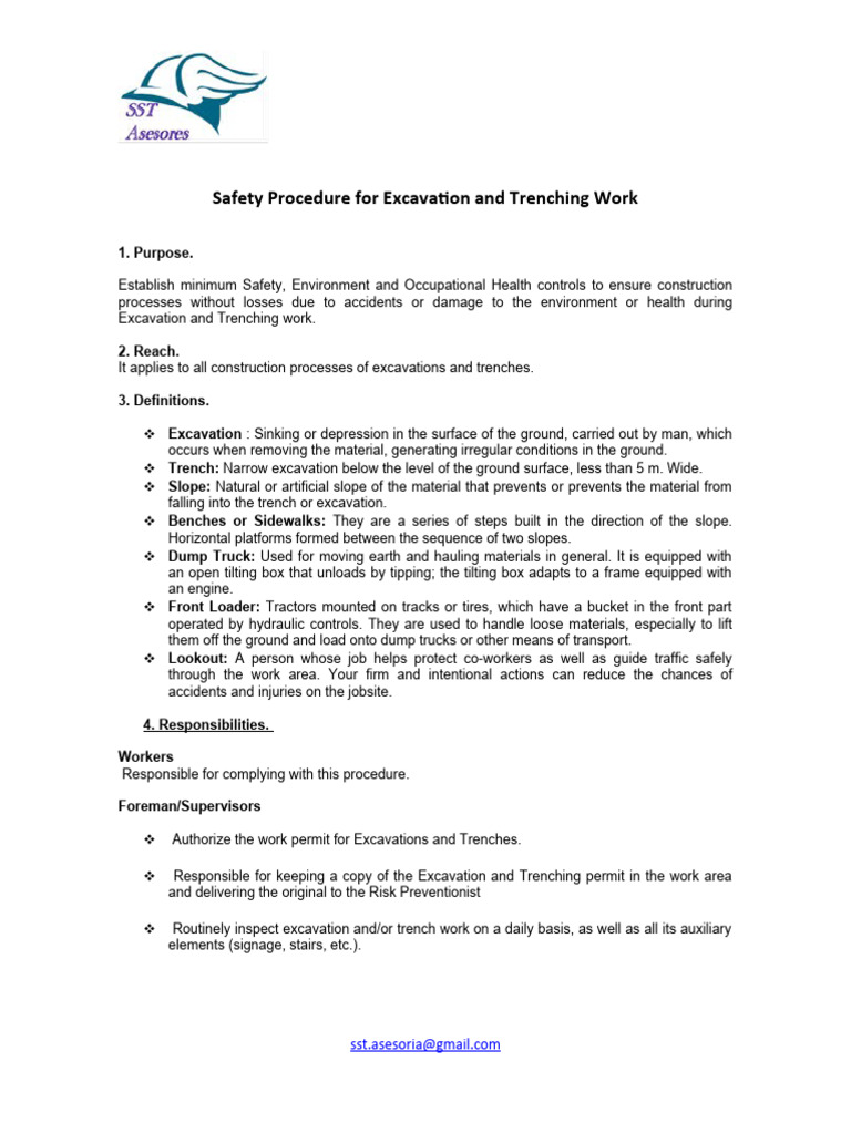 Safety Procedure For Excavation and Trenching Work | PDF | Home ...