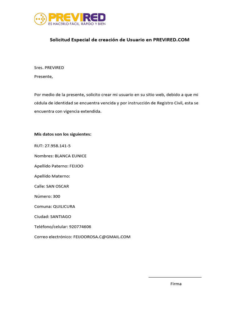 Solicitud Especial de Creaci N de Usuario en PREVIRED-2 | PDF