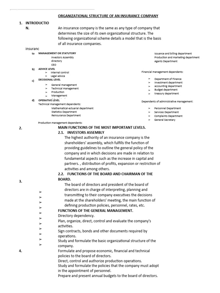 Organizational Structure of An Insurance Company | PDF | Insurance | Money