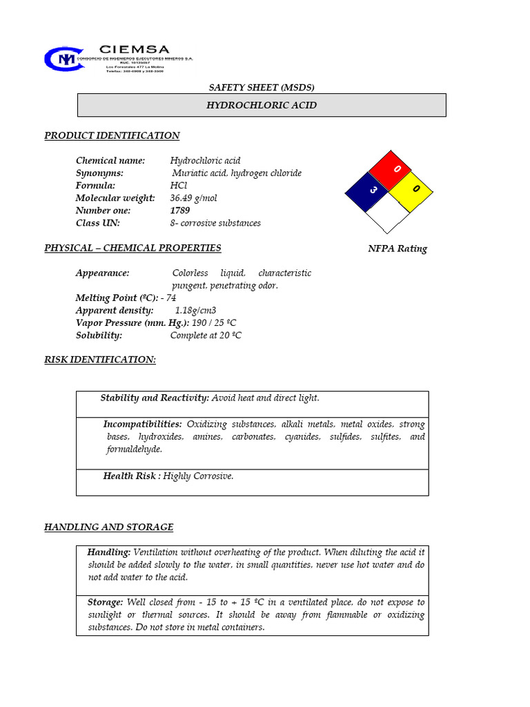 Safety Sheet | Download Free PDF | Water | Hydrochloric Acid