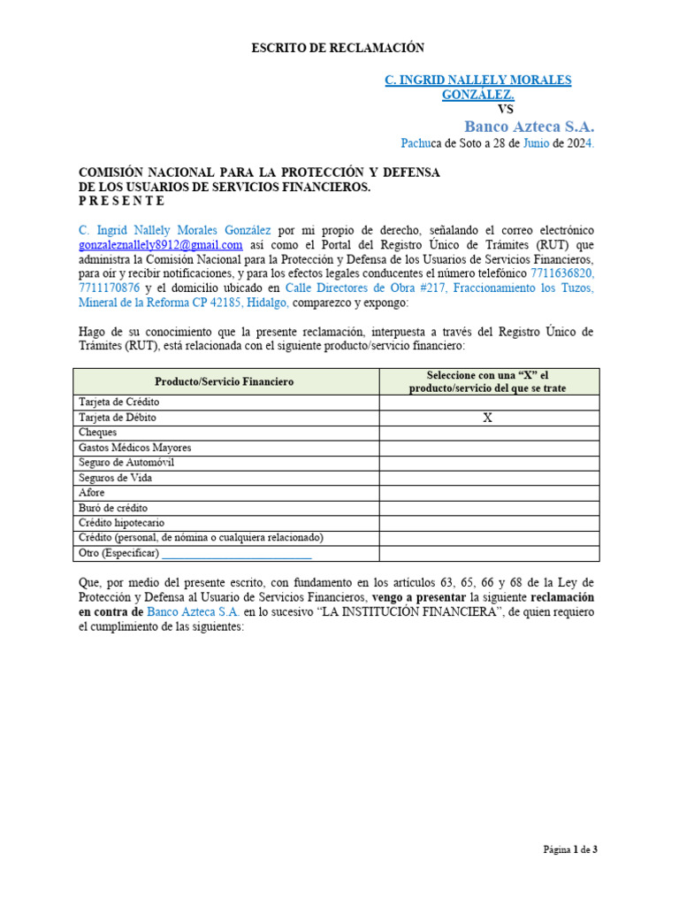 Formato - Reclamacion - Conducef - Nalle | PDF | Bancos | Servicios ...