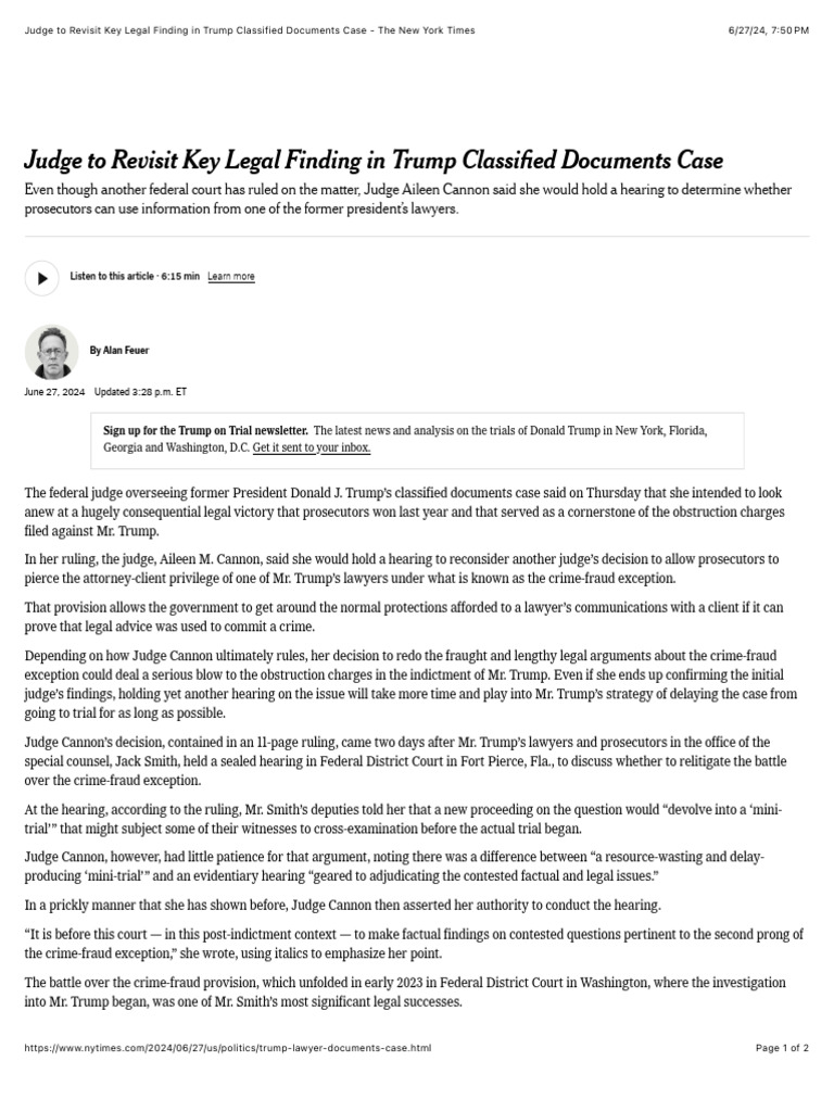 Judge To Revisit Key Legal Finding in Trump Classified Documents Case ...