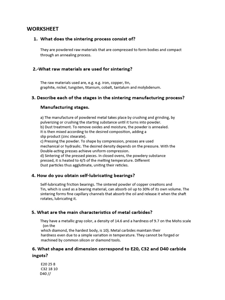 Worksheet | Download Free PDF | Sintering | Metalworking
