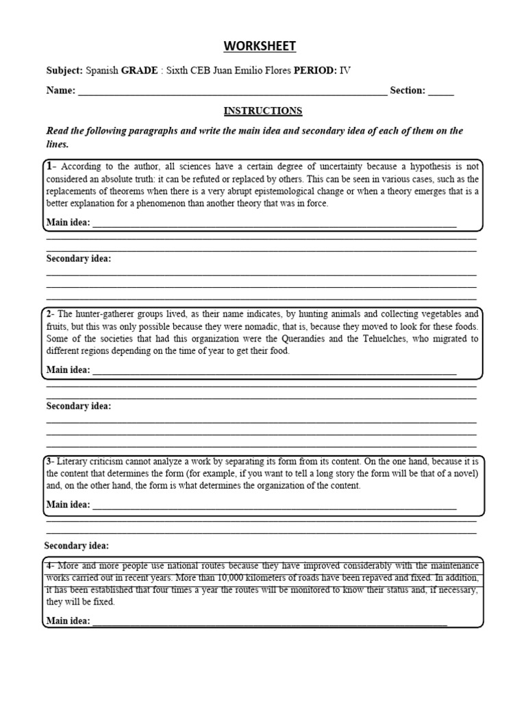 Worksheet Main and Secondary Idea | PDF | Tropical Cyclones | Theory