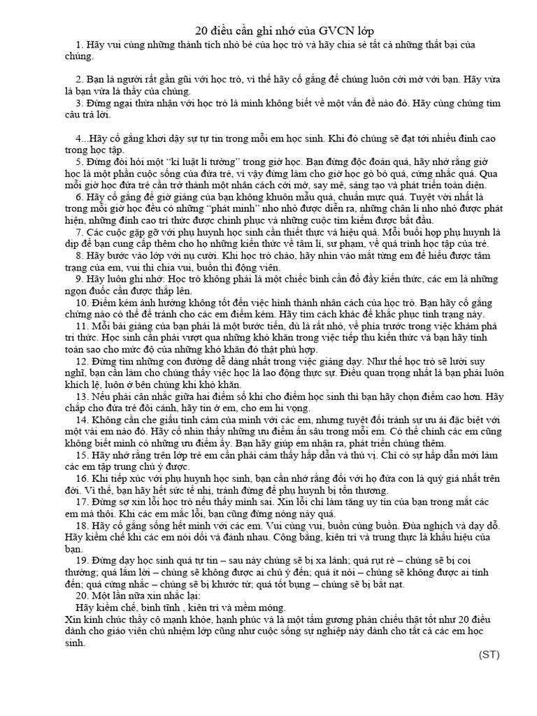 20 điều cần ghi nhớ của gvcn lớp | PDF