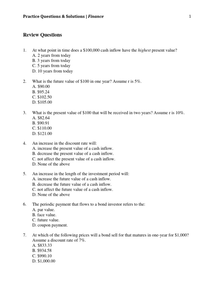 Finance Practice Questions & Solutions | PDF | Net Present Value ...