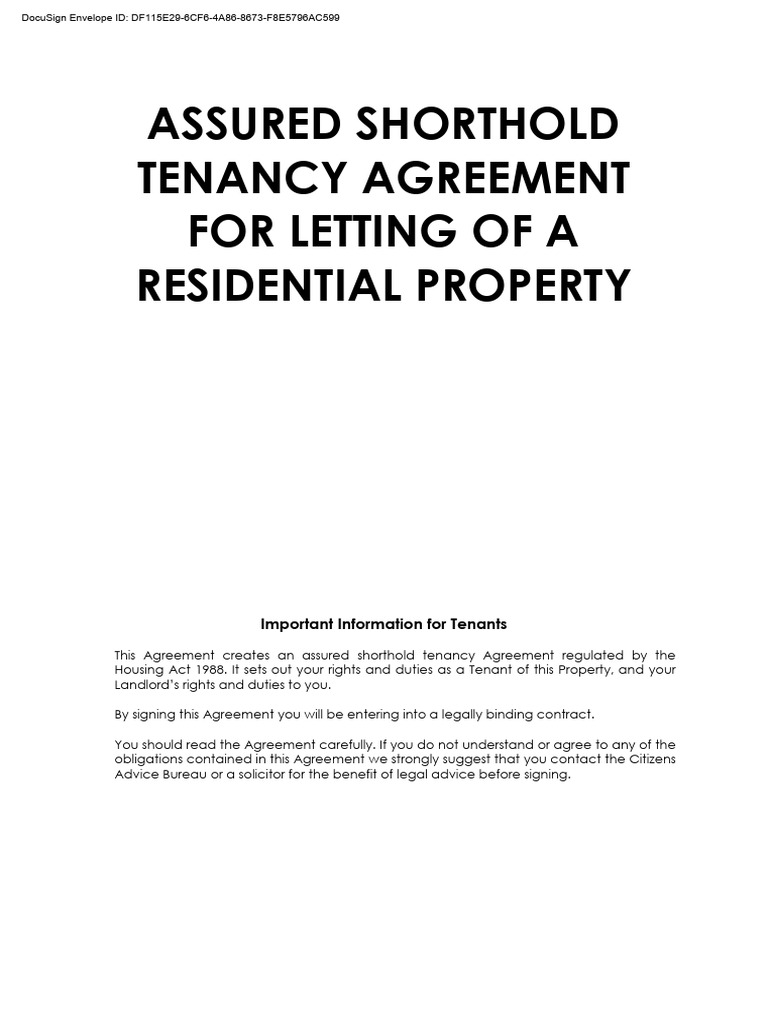 Assured Shorthold Tenancy Agreement For Letting of A Residential Property | PDF | Leasehold ...