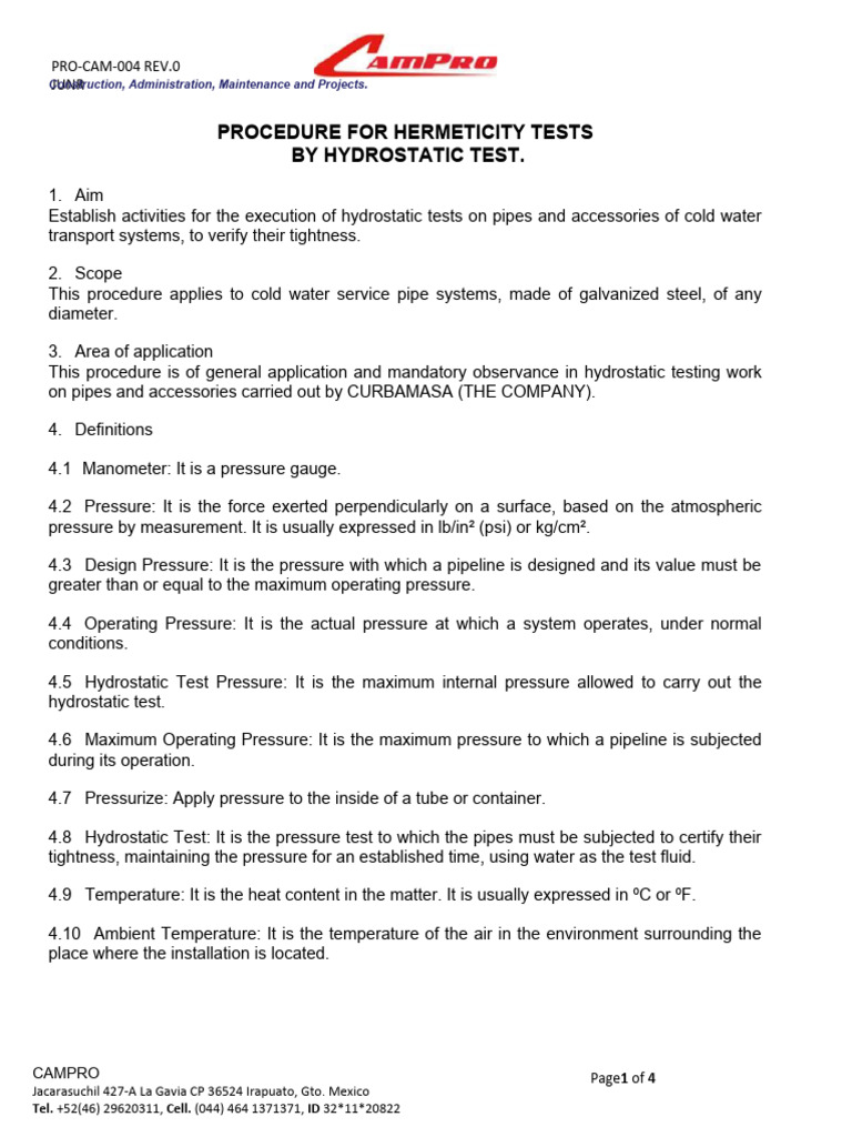 Hydrostatic Test Procedure | PDF | Pressure | Pipe (Fluid Conveyance)