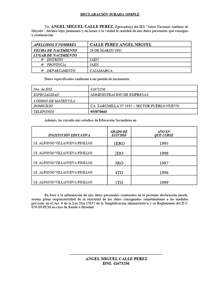 Declaracion Jurada y Solicitud Angel Miguel Calle Perez | PDF | Documento de identidad | Gobierno