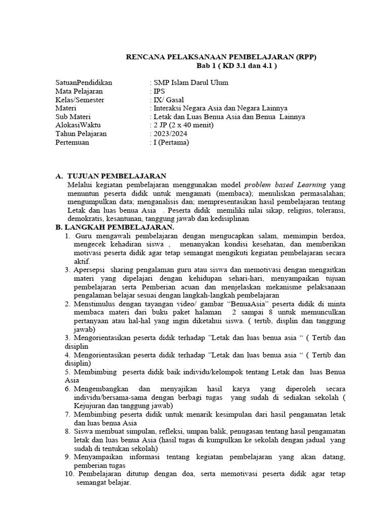 RPP Kelas 9 Semester 1 | PDF