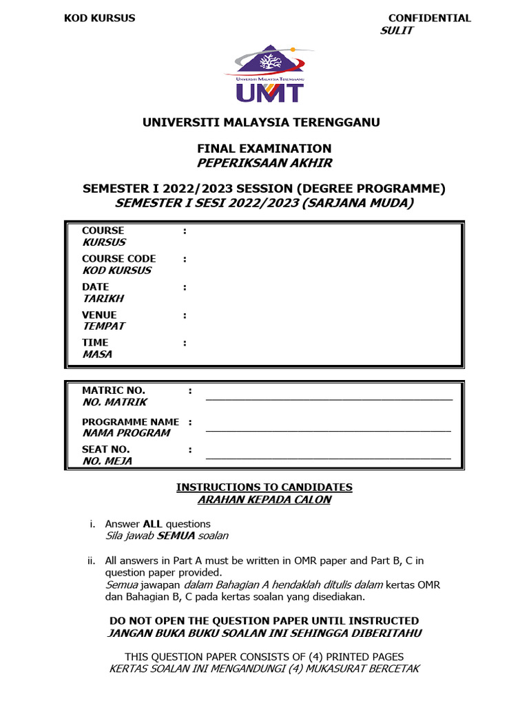 Contoh Format Kertas Soalan Ujian Bertulis UMT | PDF