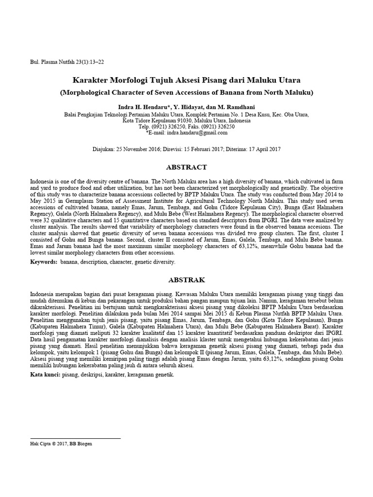 Karakter Morfologi Tujuh Aksesi Pisang Dari Maluku | PDF