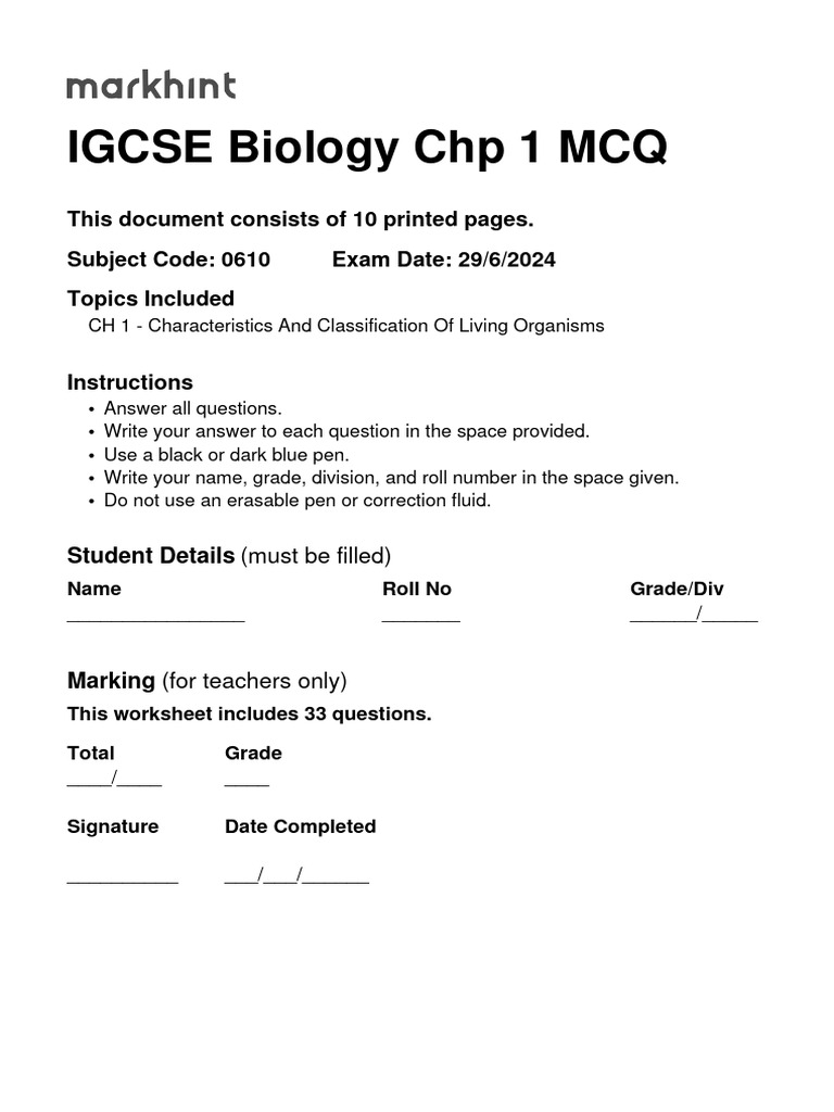 Biology CHP 1 MCQ QP | PDF | Student Assessment And Evaluation | Educational Assessment And ...