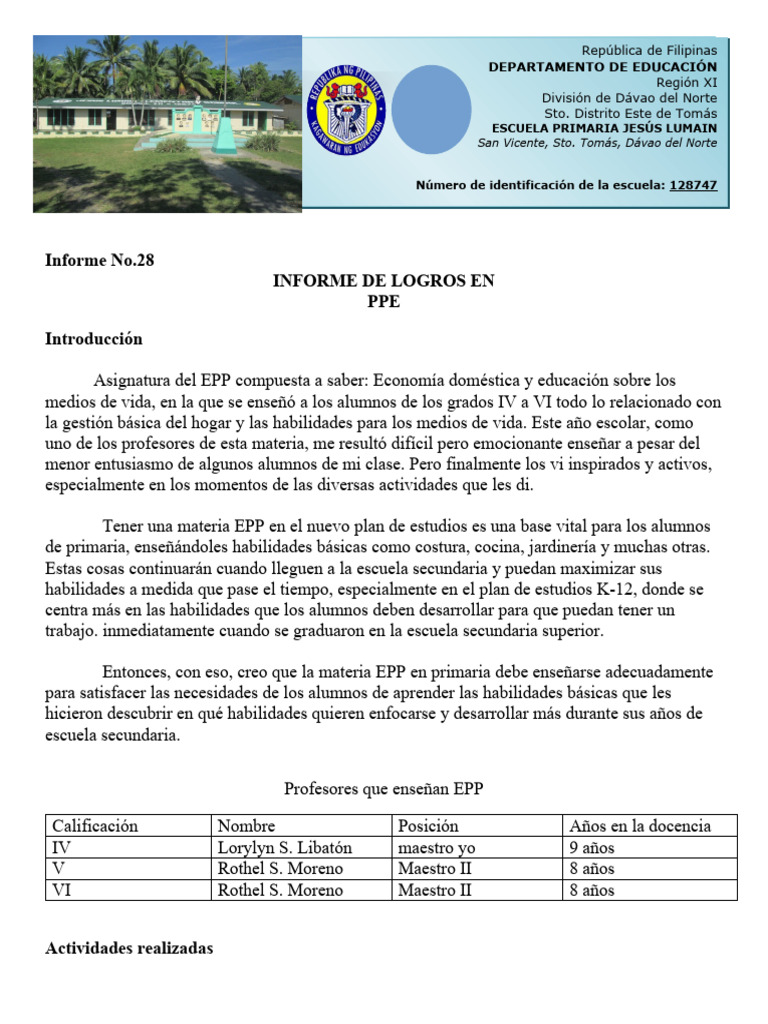 Informe de Logros Epp | Descargar gratis PDF | Educación primaria | Plan de estudios