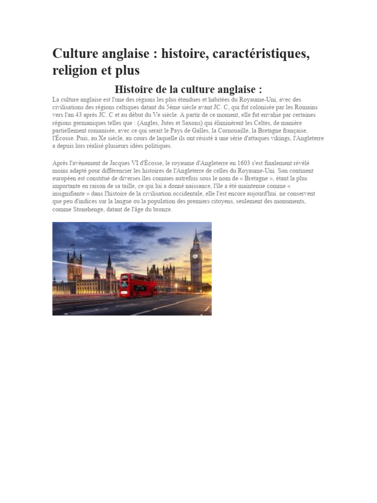 Histoire et caractéristiques de la culture anglaise | PDF | Angleterre ...