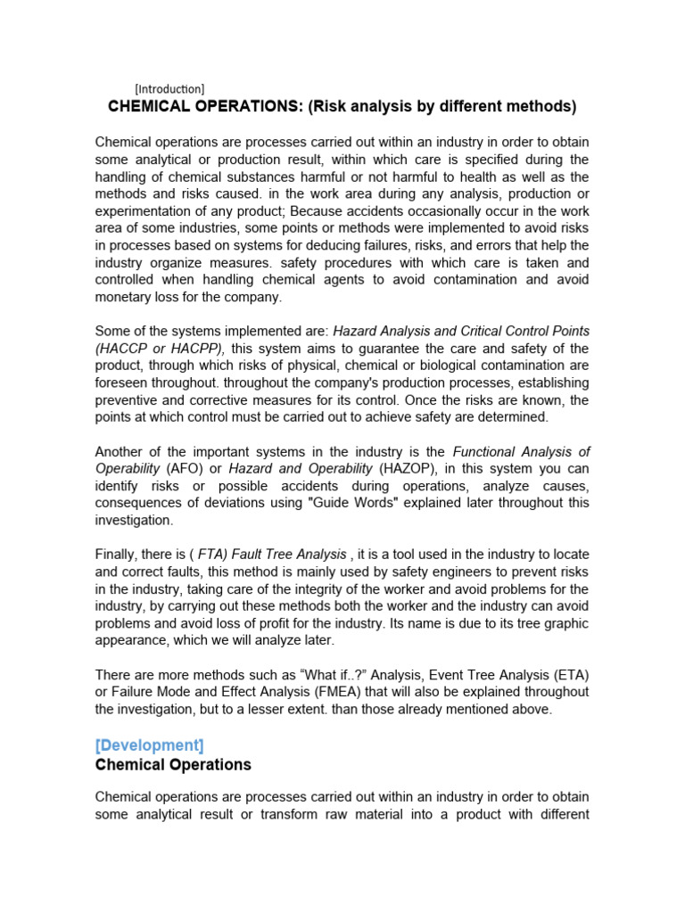 Chemical Operations Risk Analysis Using Different Methods | PDF ...