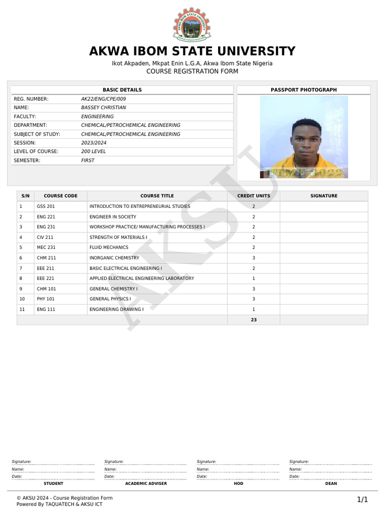 Akwa Ibom State University: Course Registration Form | PDF | Science | Engineering