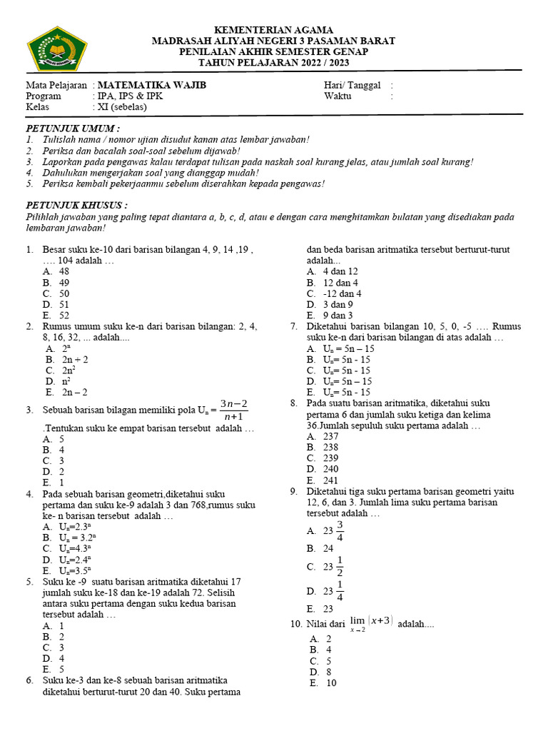 SOAL MTK WAJIB XI 2023 | PDF