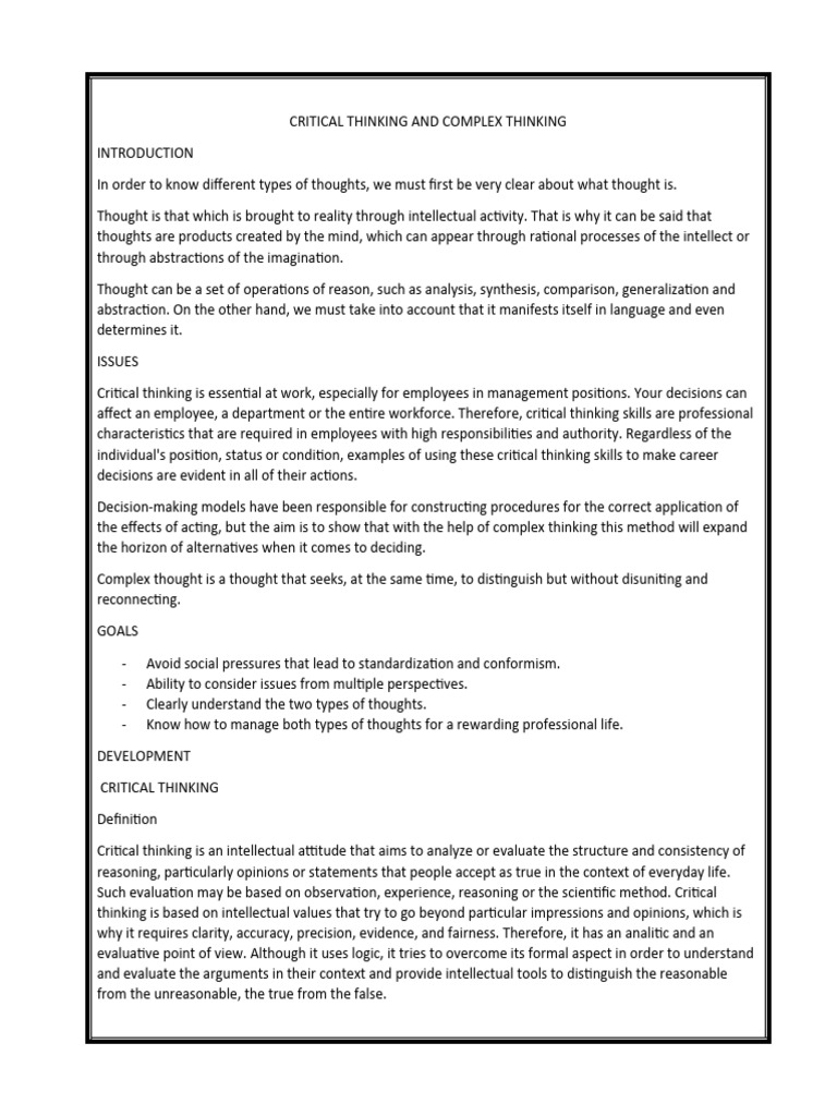 Critical Thinking and Complex Thinking | PDF | Thought | Critical Thinking