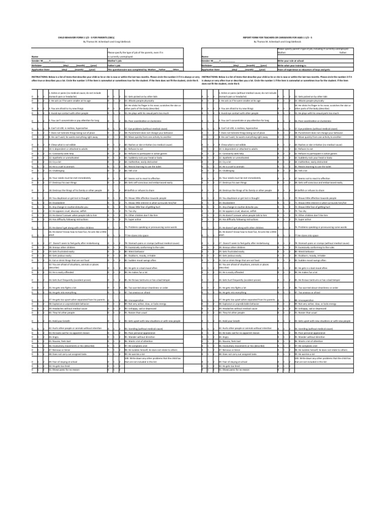 CBCL Protocol Questionnaire | PDF | Nausea | Father